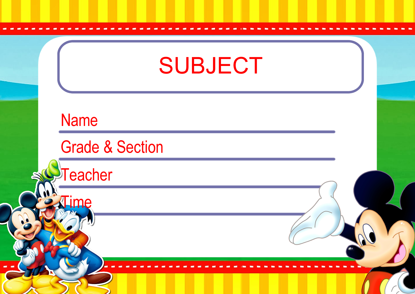 Editable Subject Label Mickey Mouse Character - Printable PNG Frames ...