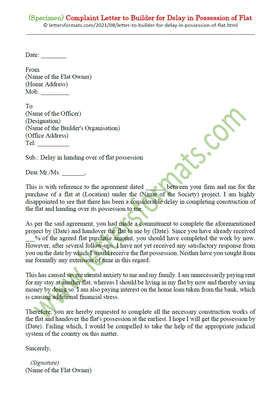 Draft Complaint Letter to Builder for Delay in Possession of Flat