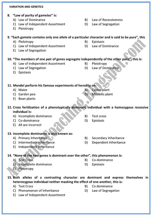 Adamjee Coaching: Biology Mcqs XII - Variations and Genetics - Mcqs