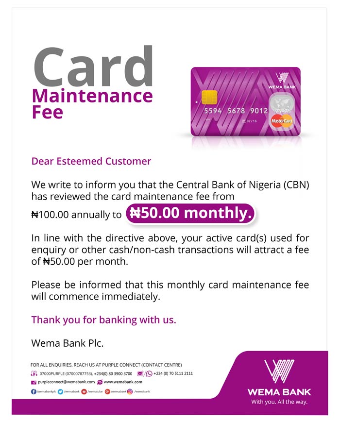 WEMA Bank Customers Laments The New N50 Monthly Card Maintenance ...