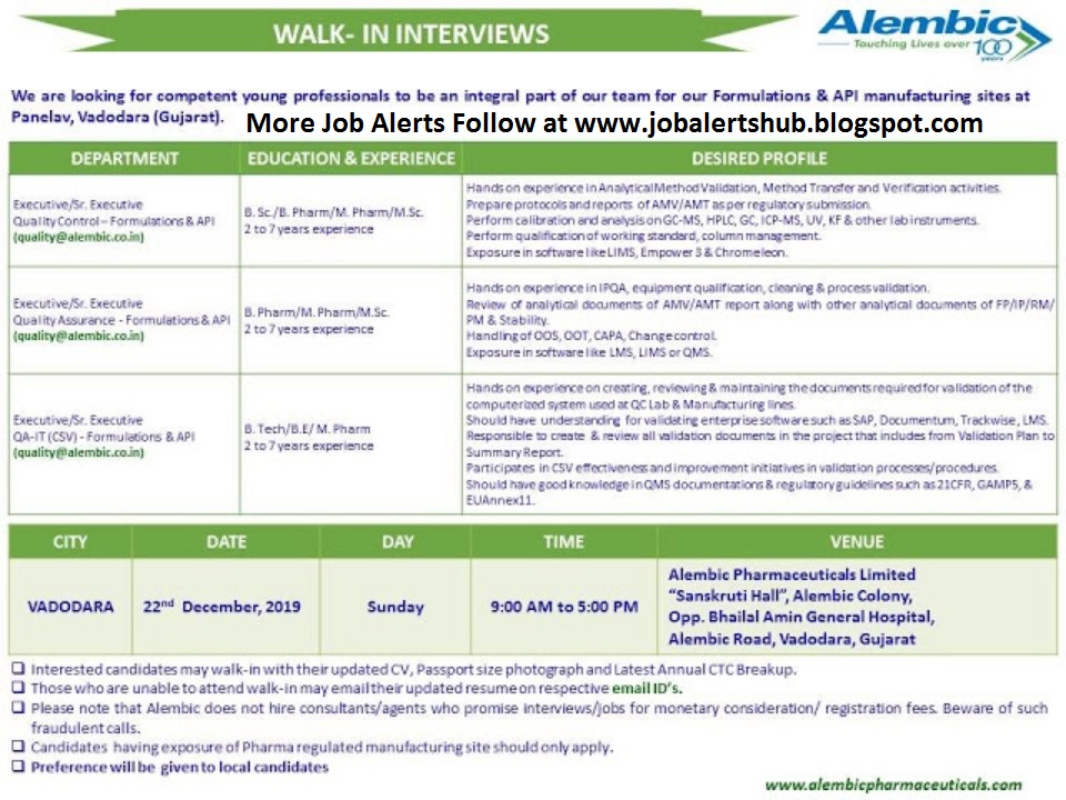Alembic Pharma - Walk-In Interview for QC / QA / QA-IT (CSV) on 22nd Dec' 2019 - JOB ALERTS HUB