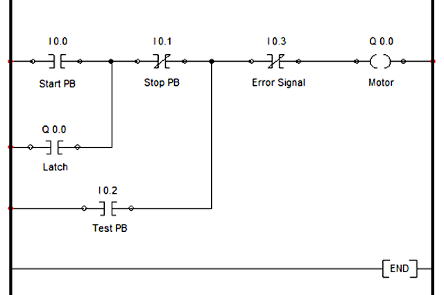 PLC Motor Logic with START, STOP, TEST Push buttons