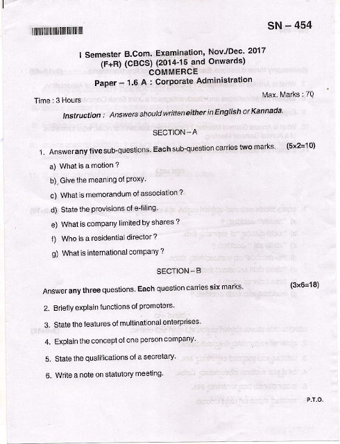 Bangalore University B.com.COMMERCE PAPER-1.6 A : CORPORATE ...