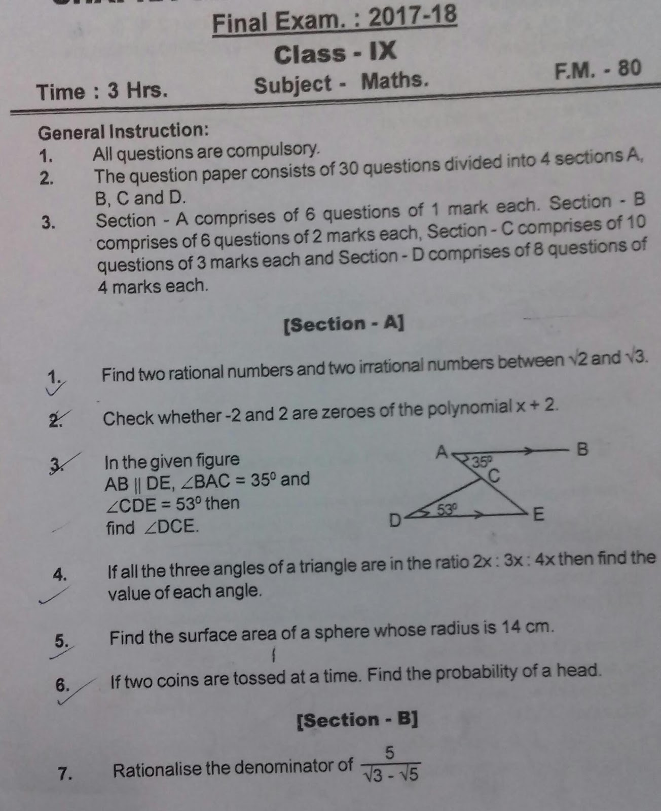 CBSE Class 9 Maths Annual Exam Paper 2017-18