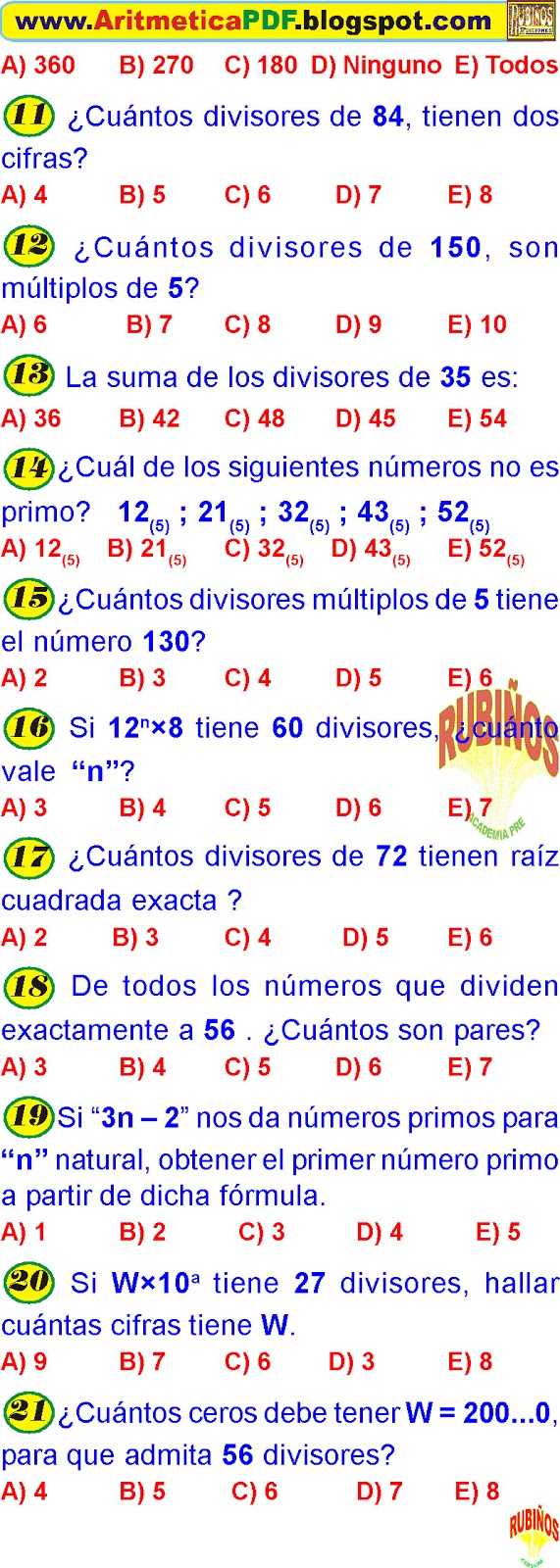 NÚMEROS PRIMOS EJERCICIOS RESUELTOS DE ARITMÉTICA PREUNIVERSITARIA EN PDF