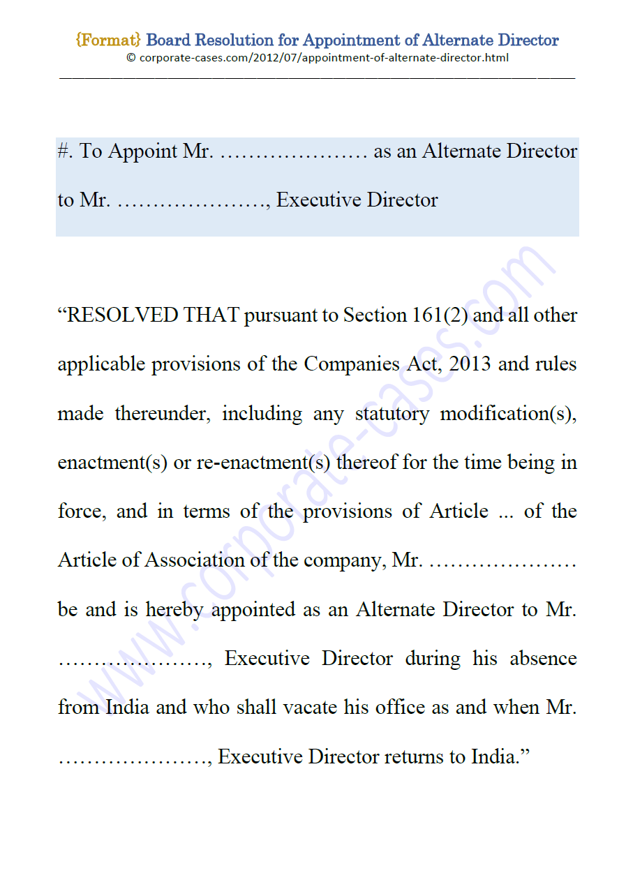 Draft Resolutions for Appointment of Alternate Director