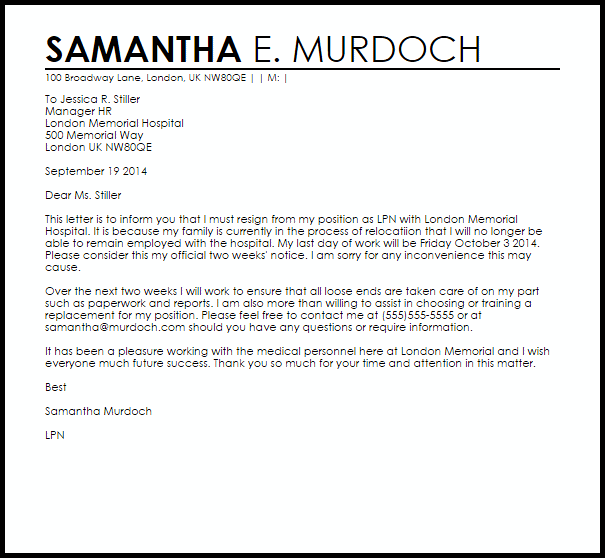 Resignation Letter Due To Relocation - Formal Letter