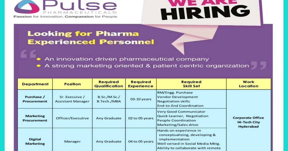 Pulse Pharma | Hiring for Multiple positions | Send CV