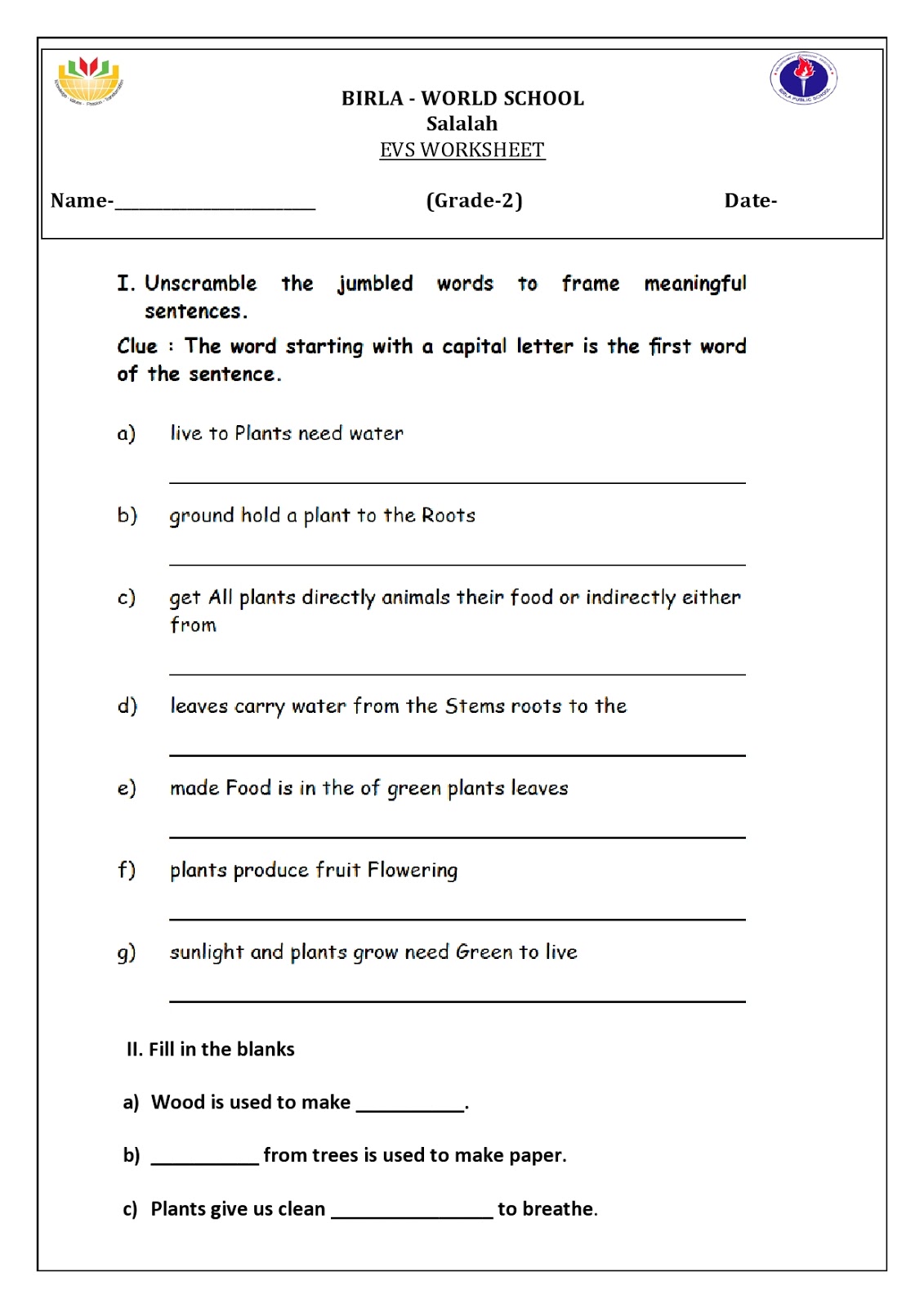 Birla World School Oman: Homework for Grade 2 B on 13-10-16