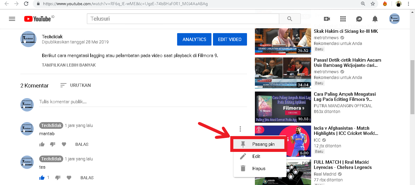 Fungsi dan Cara Pasang Pin di Komentar Youtube