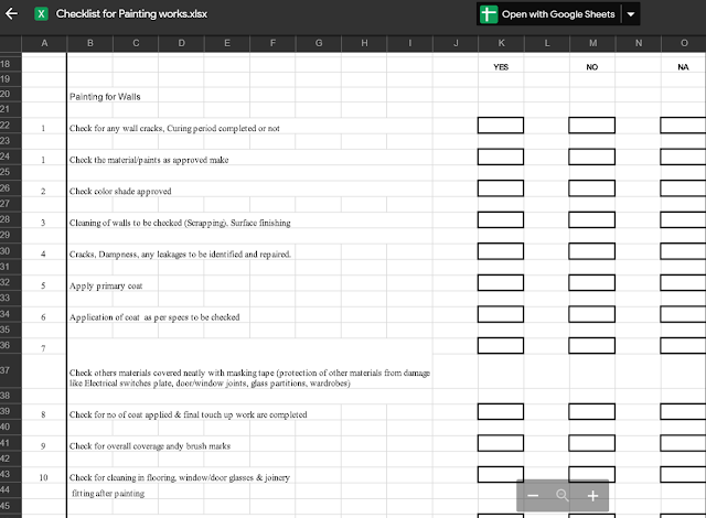 Checklist for Painting works Excel Sheet