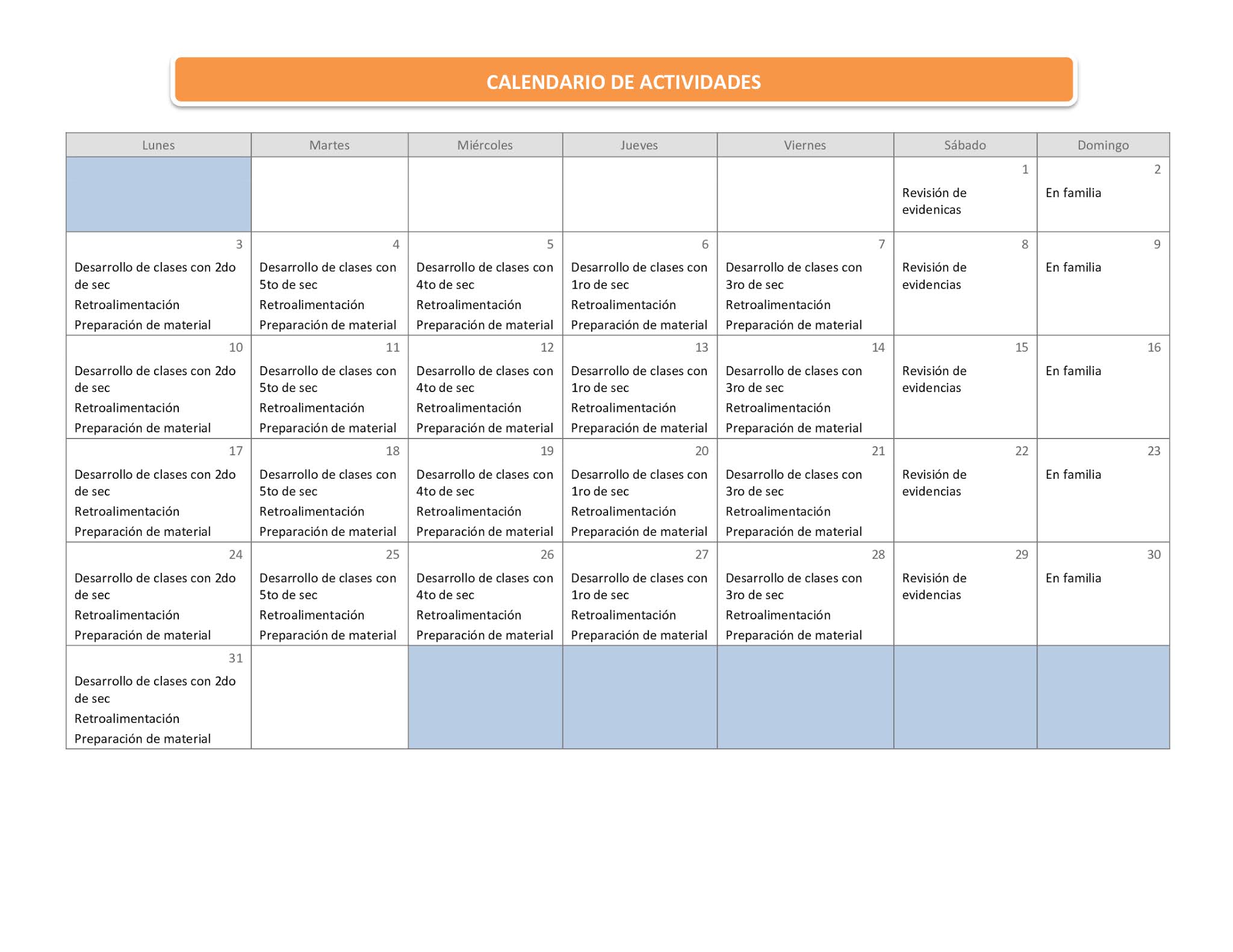 CALENDARIO DE ACTIVIDADES ESCOLARES 2020