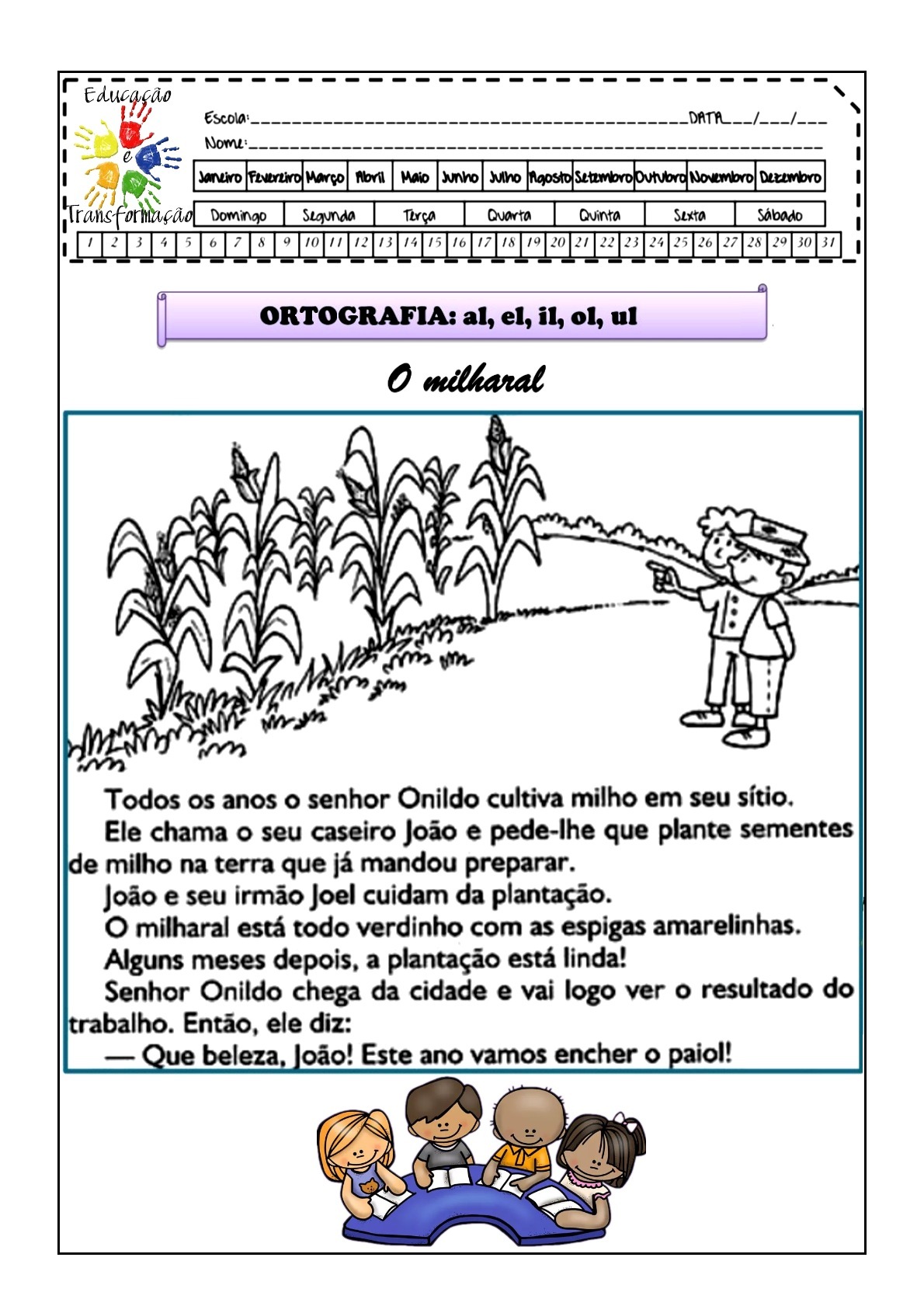 👍Ortografia: al, el, il, ol, ul Atividade de língua portuguesa para ...