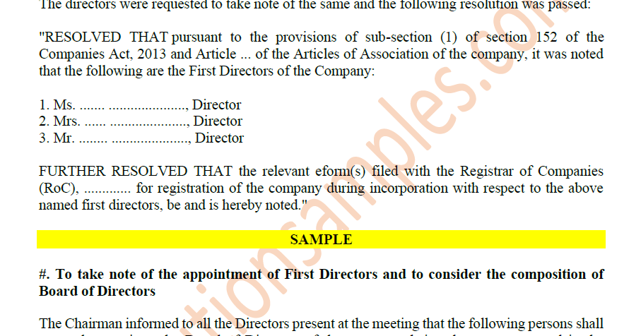 Board Resolution Format for Appointment of First Directors