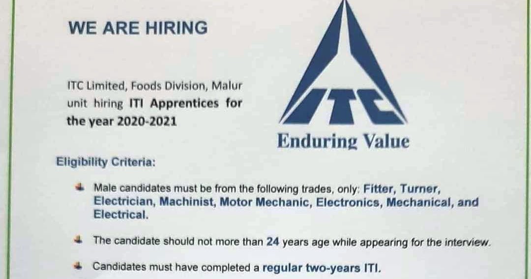 JOB ALERTS HUB: ITC Limited - Walk-In Interview for ITI Apprentices ...