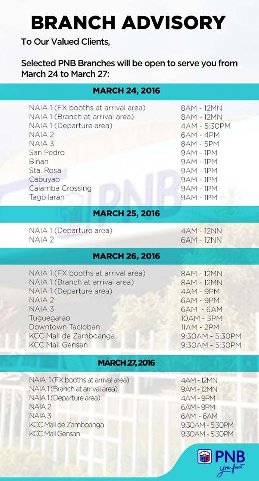 Banking Hours Schedule Holy Week 2016