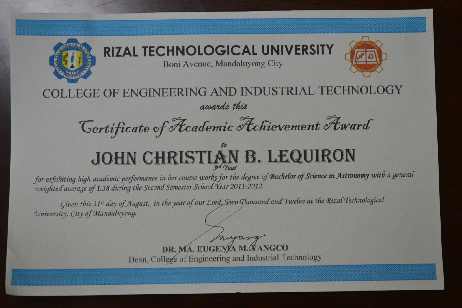 RTU ASTRONOMY SOCIETY: Academic Achievement Award