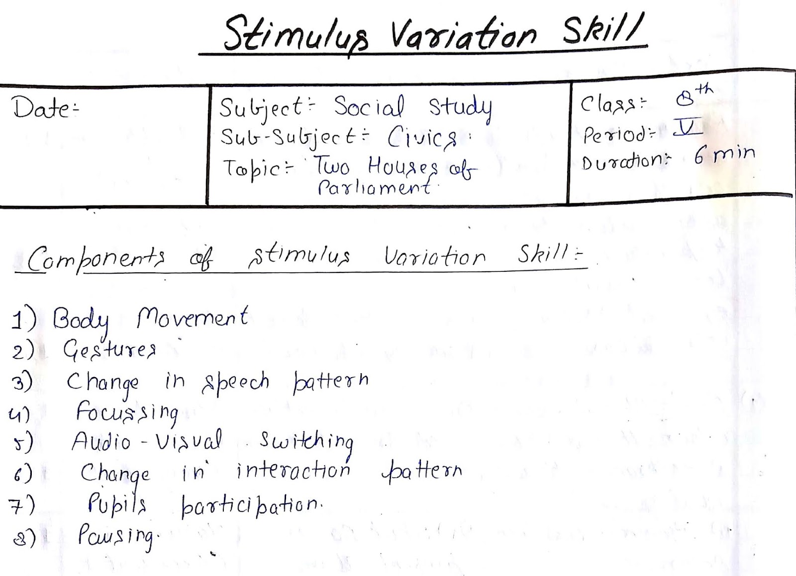 Micro Lesson Plan for Social Studies (Stimulus Variation Skill)