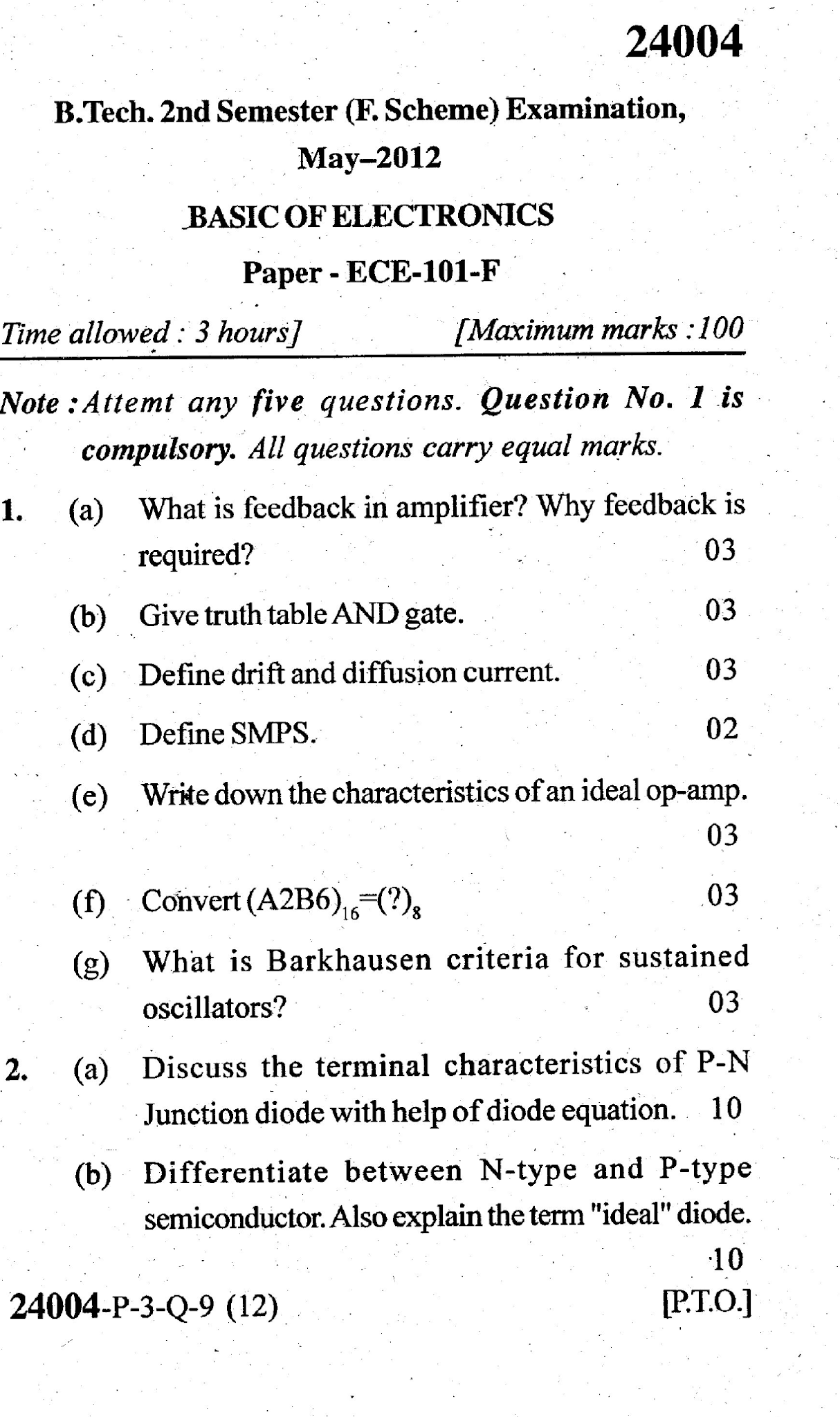 MDU B.Tech 2nd Semester Basics of Electronics May 2012 Question Paper ...