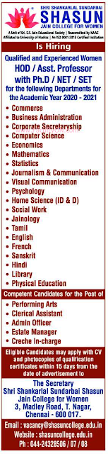 Shasun Jain College For Women, Chennai, Wanted Teaching Faculty ...