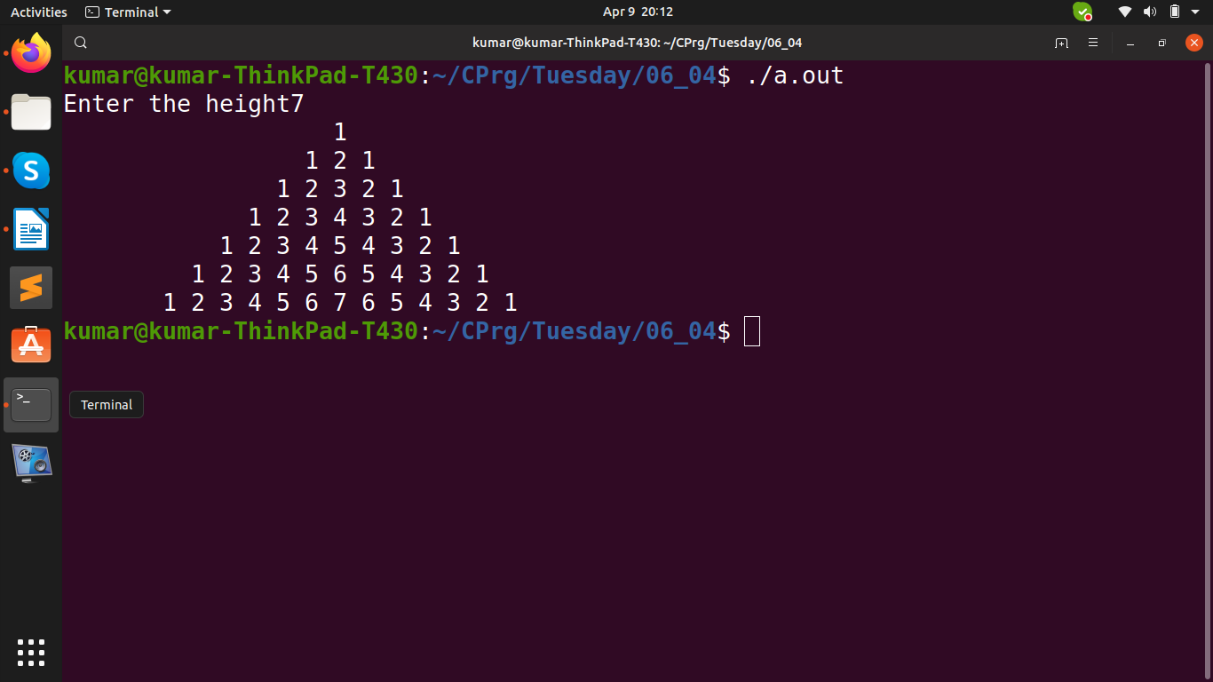 Pyramid of increasing then decreasing number Pattern using C