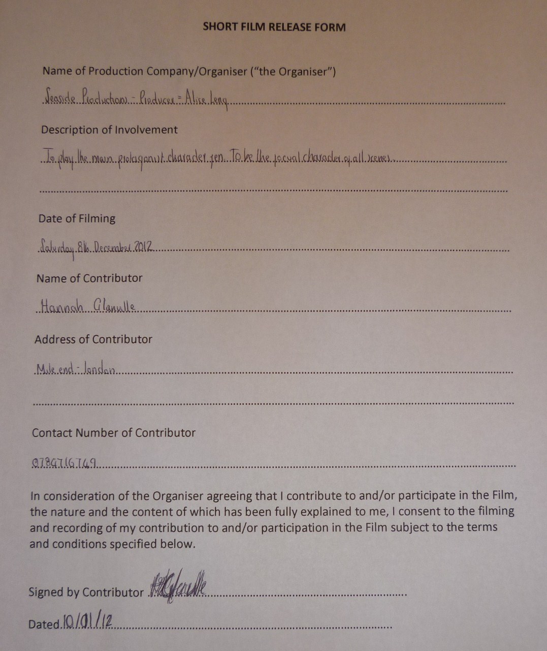 Say it with Film...: Creation of a Short Film : Release Forms...