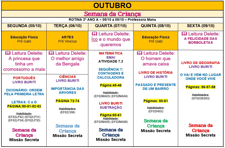 Professora Manu: Rotina da Semana: 05/10 a 09/10