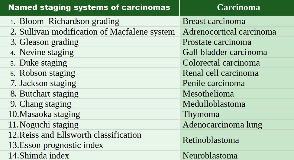 Named staging systems of carcinomas.