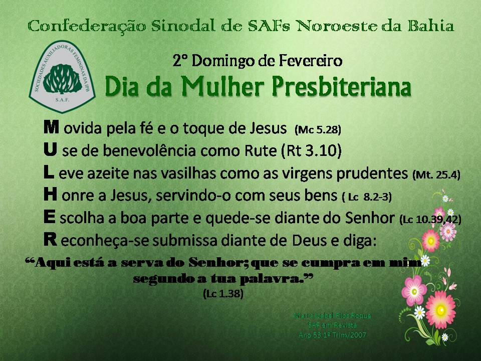 Blog da Sinodal de SAFs - Noroeste da Bahia: Dia da Mulher Presbiteriana