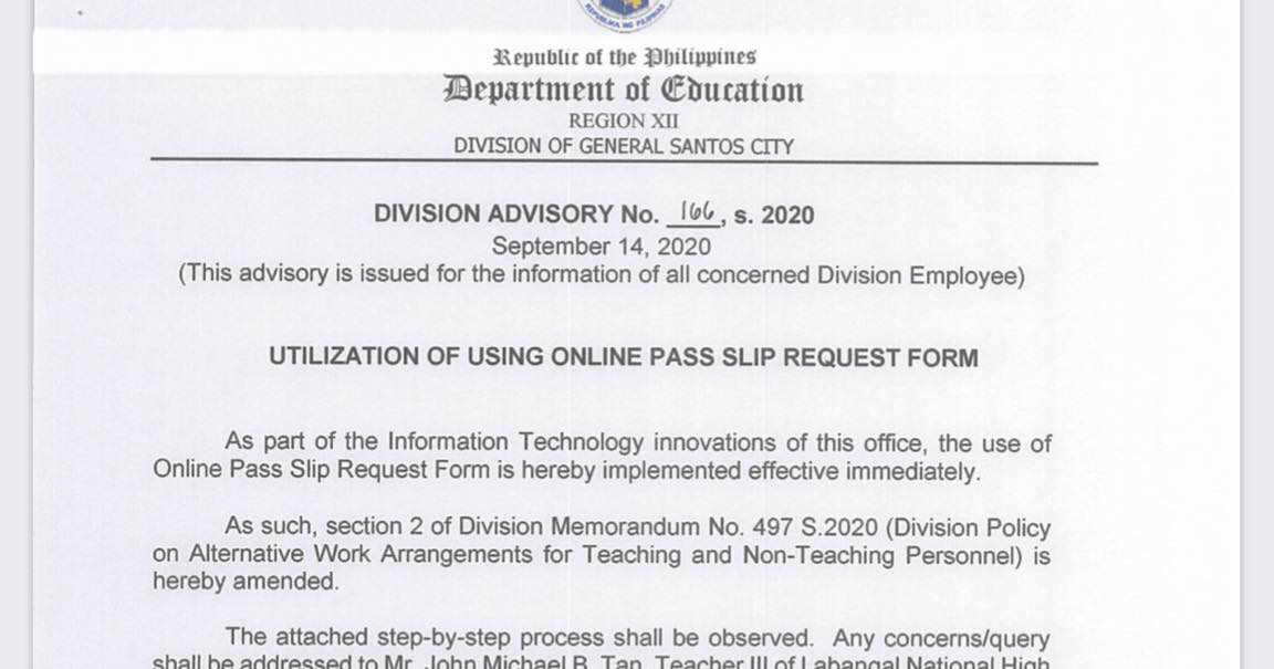 DepEd Gensan Online e-Pass Slip: General Santos Division Advisory on ...