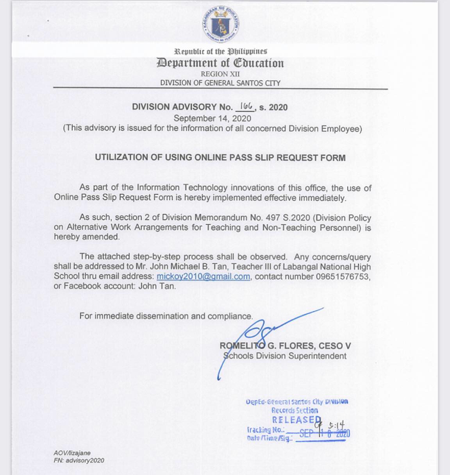 DepEd Gensan Online e-Pass Slip