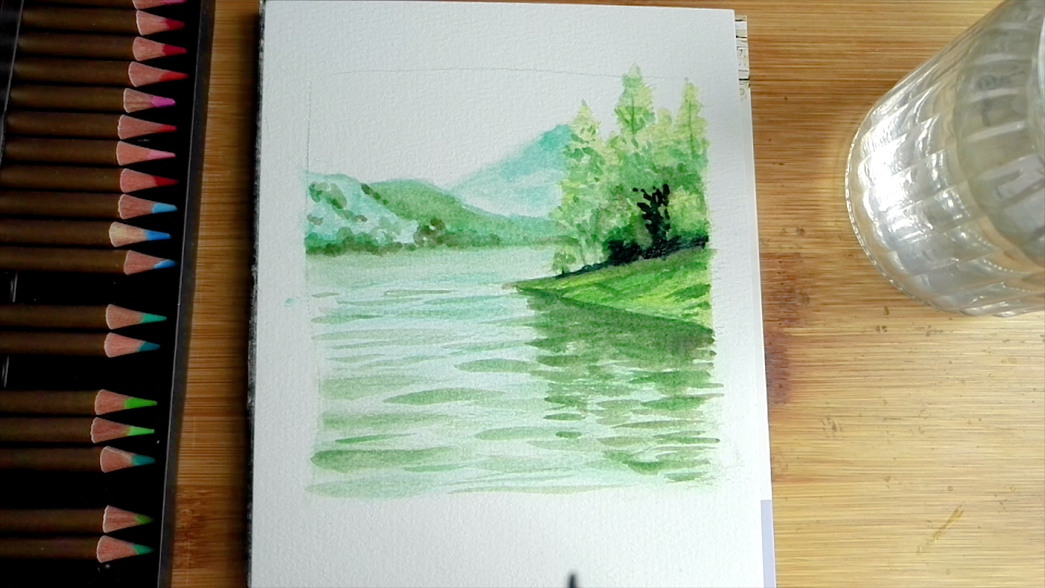 How to draw watercolor pencil lake landscape tutorial