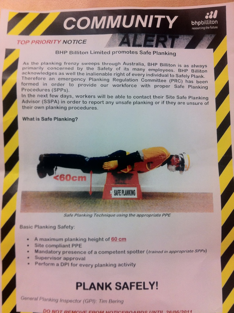 The BHP Planking Safety Alert - SafetyRisk.net