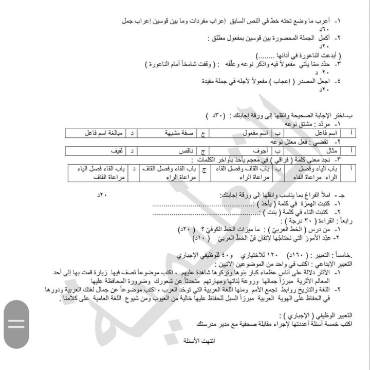 نموذج امتحان في اللغة العربية للصف التاسع الفصل الاول المنهاج الحديث