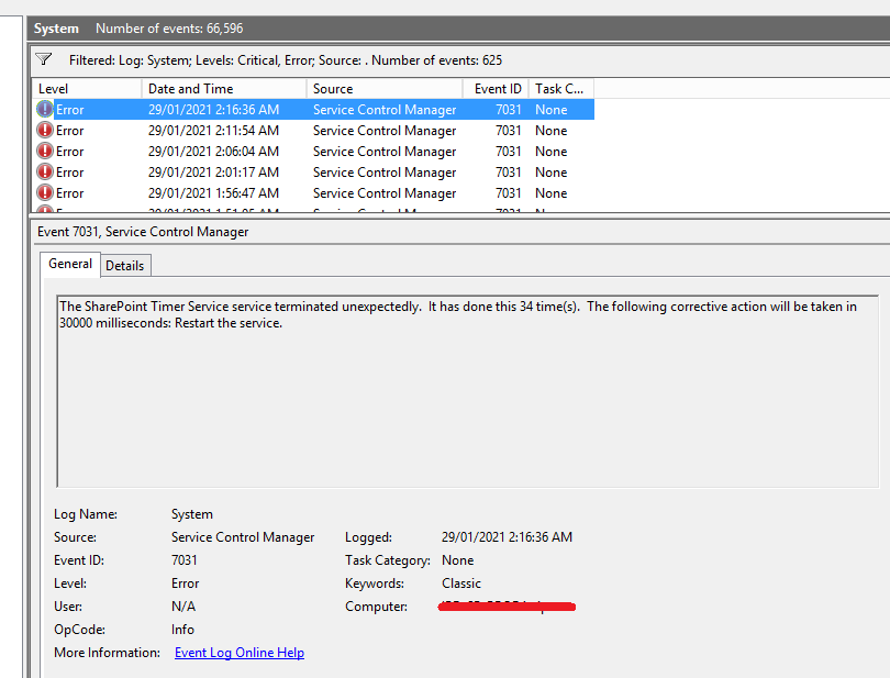 [SOLVED] The SharePoint Timer Service service terminated unexpectedly. Event ID : 7031
