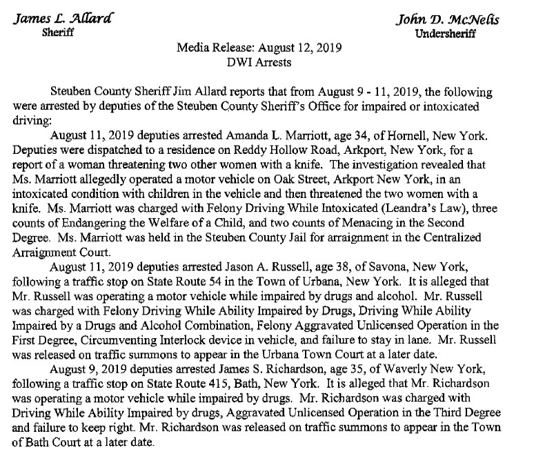 Wellsville Regional News (dot) com: Steuben County Sheriff's Blotter Wellsville Regional News (dot) com: Steuben County Sheriff's Blotter