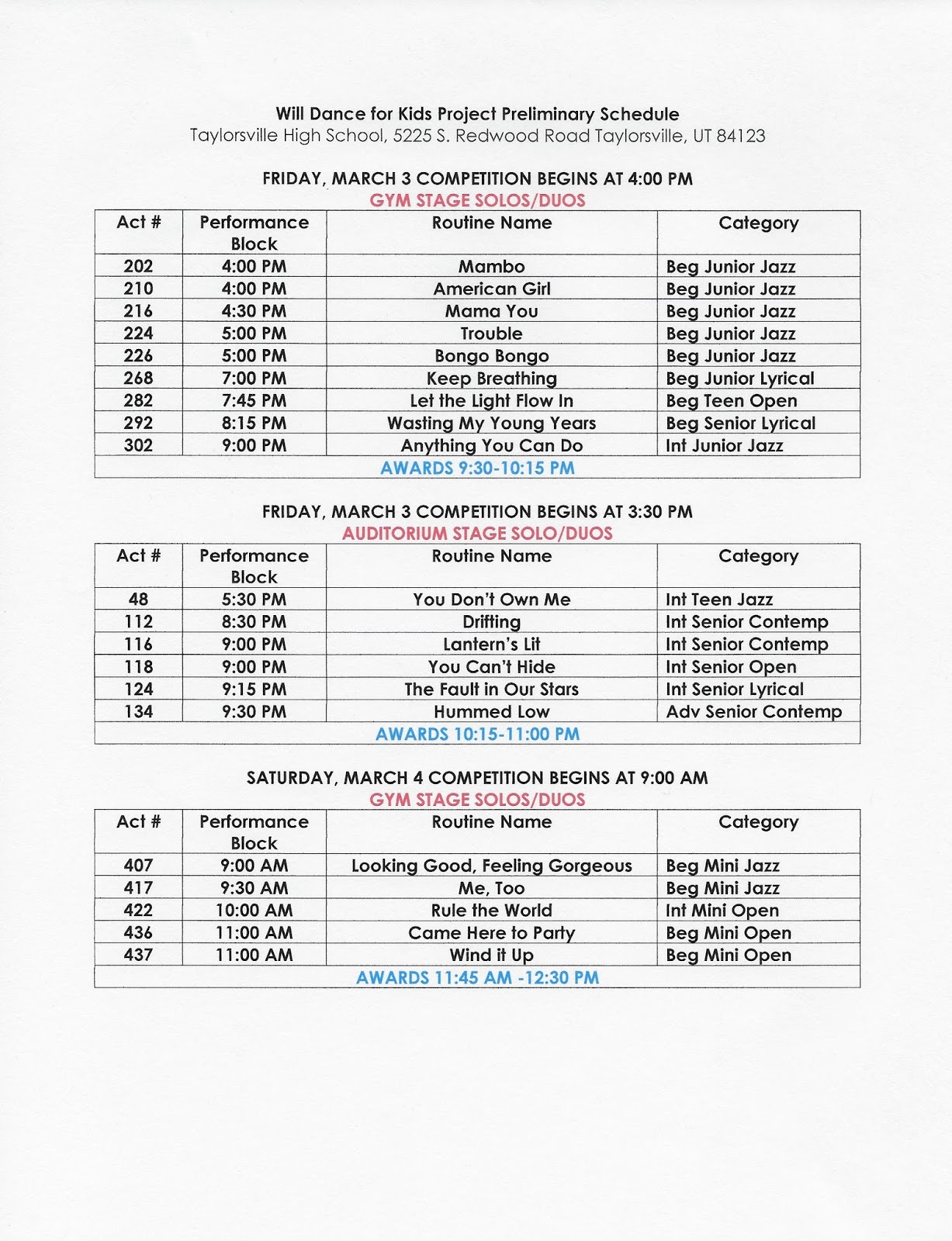 MAR 3-4 Preliminary Competition Schedule