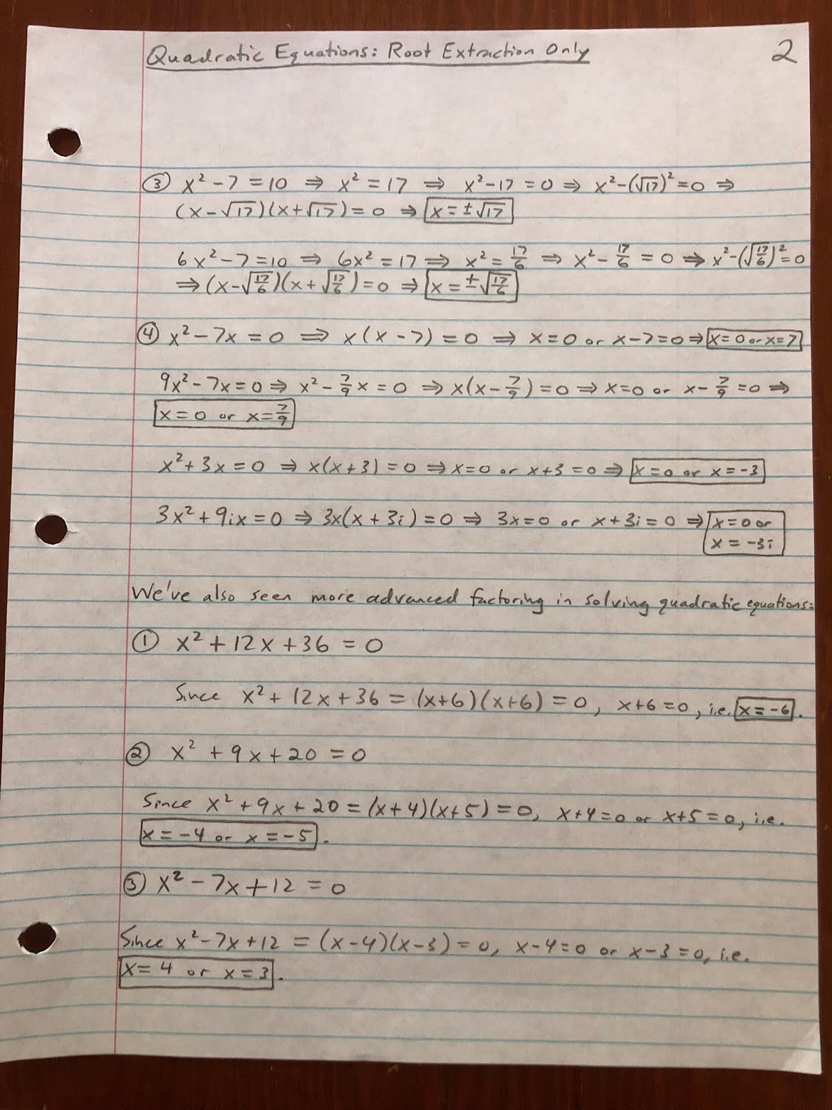 Professor Frank’s Math Blog: Quadratic Equations: Root Extraction Only ...