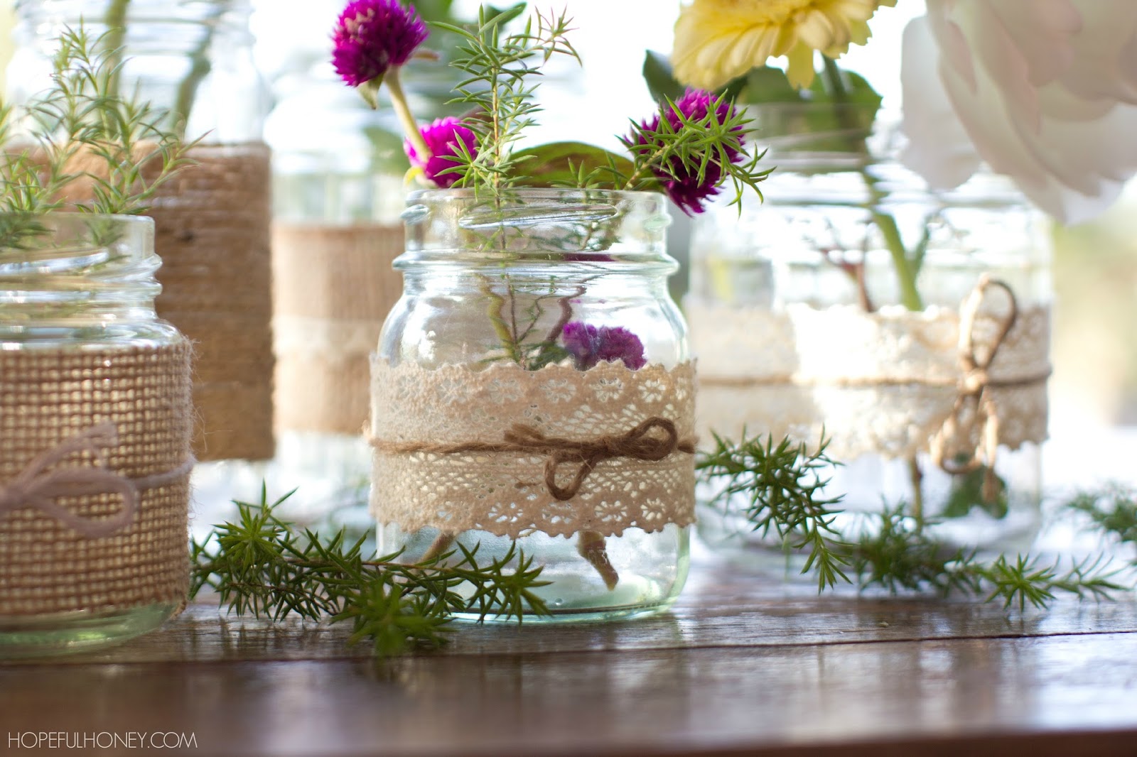DIY Whimsical Lace & Twine Wrapped Jars - Hopeful Honey