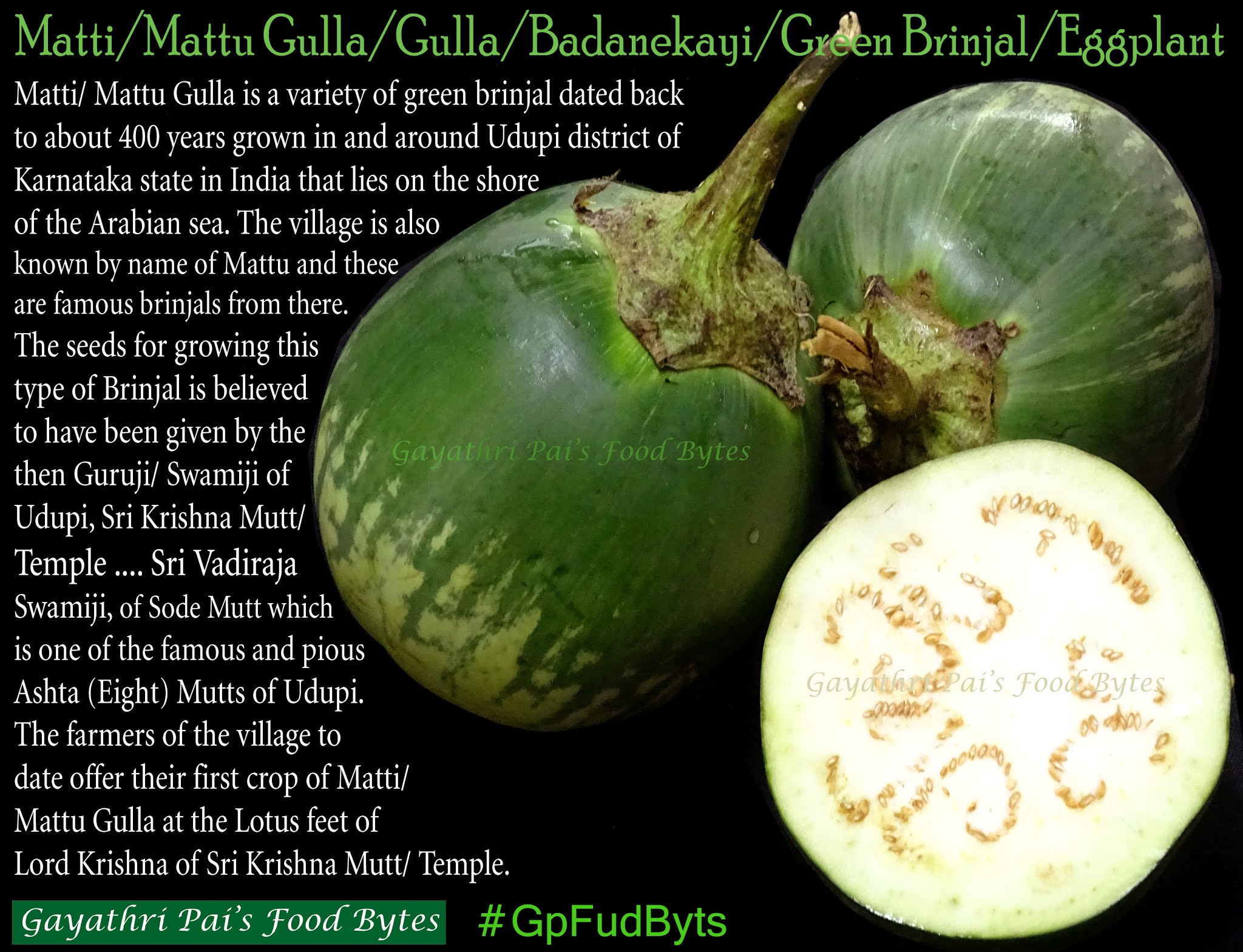 Gayathri Pai's Food Bytes: Matti Gulla Bajji (Green Udupi Brinjal Bharta).