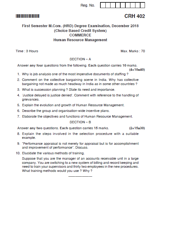 Mangalore University M.Com. COMMERCE (HRD)(CBCS) First Semester CRH 402 ...