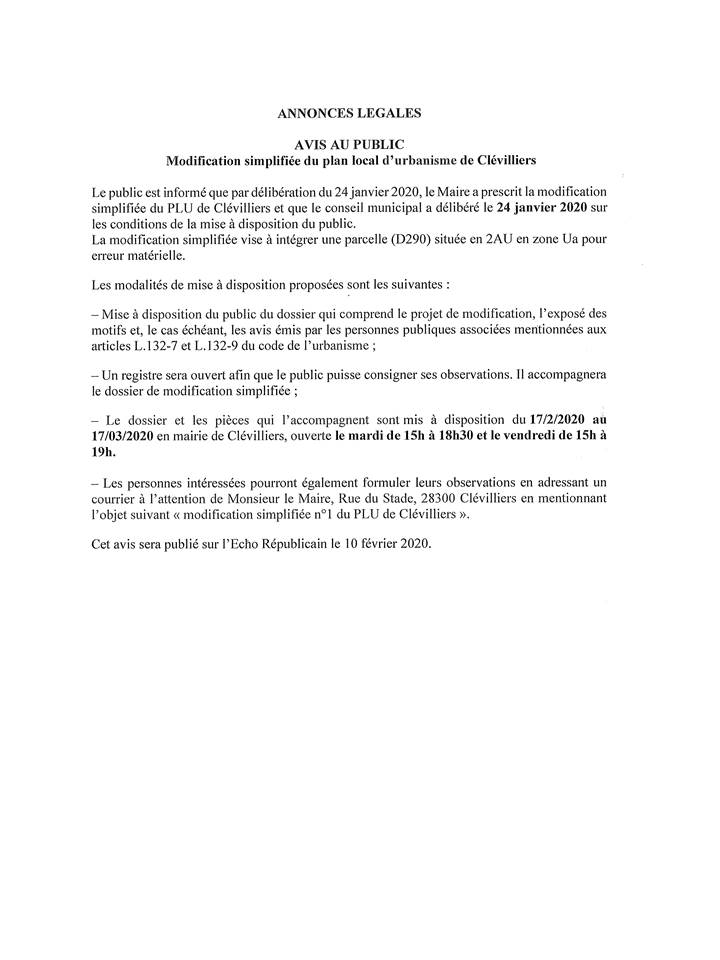 Commune de Clevilliers: MODIFICATION SIMPLIFIÉE DU PLU Commune de Clevilliers: MODIFICATION SIMPLIFIÉE DU PLU