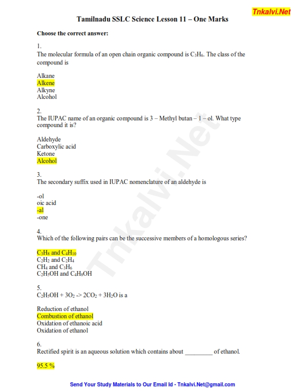 10th Standard - Science - One Mark Creative Question With Answer ...