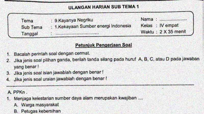 Soal Penilaian Harian Kelas 4 Tema 9 Subtema 1 - SekolahDasar.Net