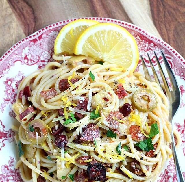 Spaghetti with Lemon, Olives & Salami | The Rising Spoon