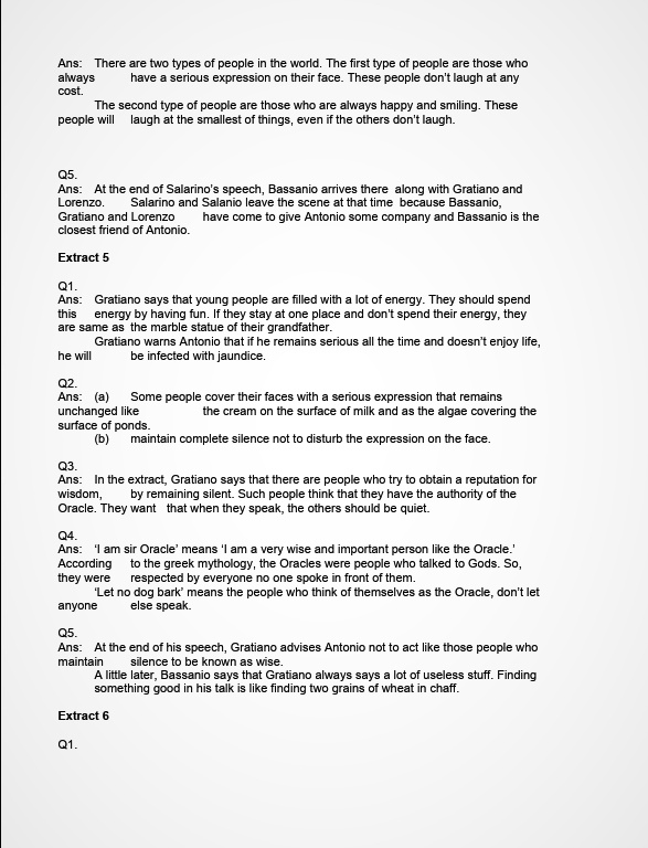 Merchant of Venice Act 1 - Scene 1 & Scene 2 Answers