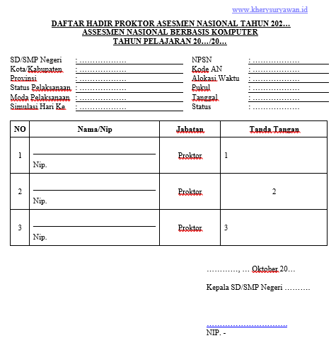 Daftar Hadir Pengawas, Proktor, Teknisi dan Peserta ANBK Tahun 2024 - Kherysuryawan.id