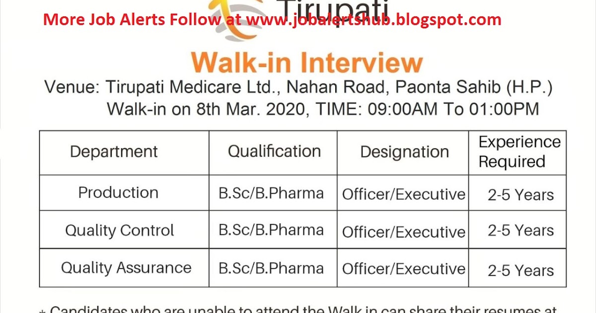 JOB ALERTS HUB: Walk-In Interviews for Production | QC | QA on 8th Mar' 2020 @ Tirupati Medicare Ltd