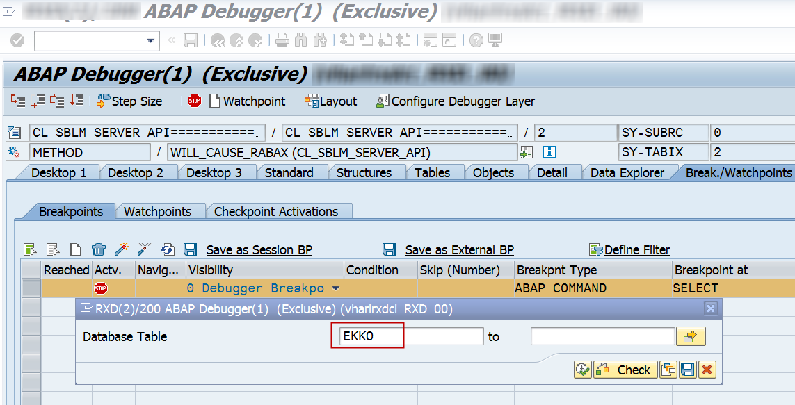 SAP ABAP Central: Break point for SELECT statement with Table Filter