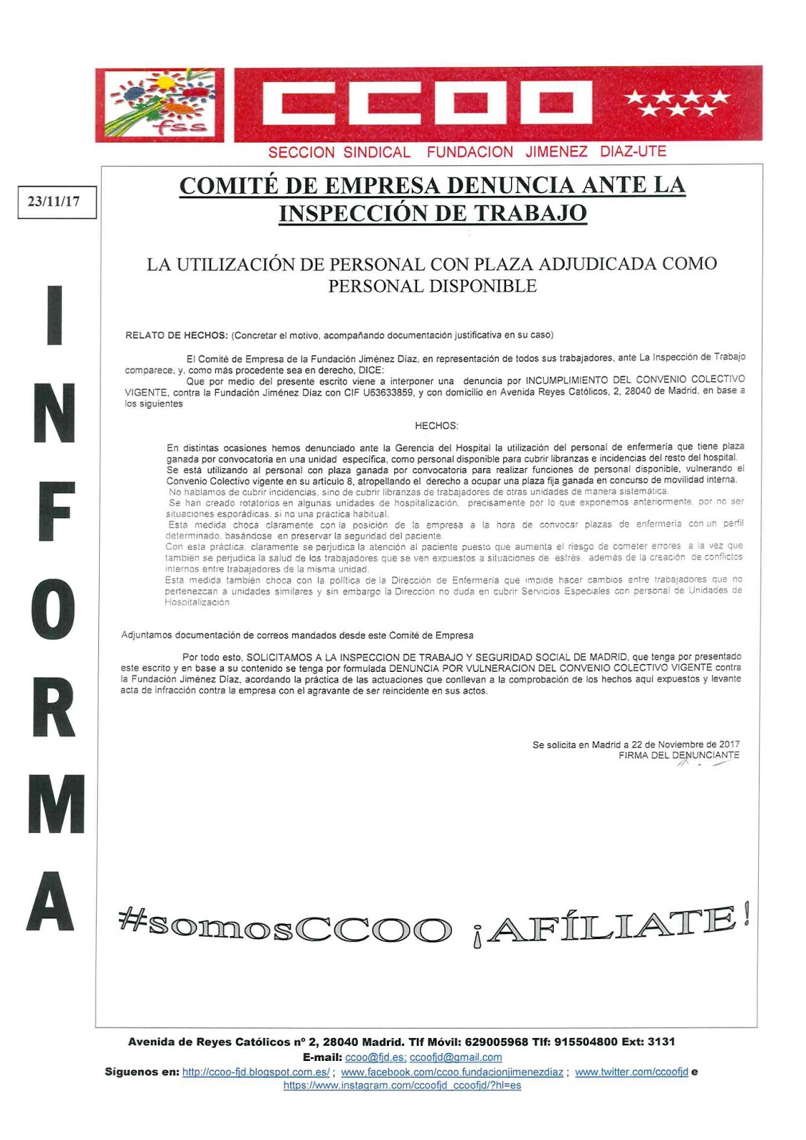 CCOO Fundación Jiménez Díaz: Comité de Empresa denuncia ante la ... CCOO Fundación Jiménez Díaz: Comité de Empresa denuncia ante la ...